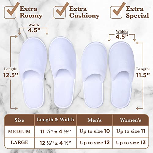 Spa Slippers, Disposable Slippers for Guests Bulk of 6 Pairs - Non-Slip Closed-Toe Premium White Spa Slippers Bulk with Travel Bags - Coral Fleece Hotel Slippers for Women and Men (3 Medium and 3 Large)