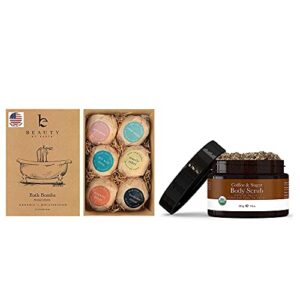 bath bombs gift set – 6 large – organic shea butter, salts, clays and essential oils – organic coffee body scrub – sugar scrub hydrating exfoliating, body exfoliator and polish for shower and bath