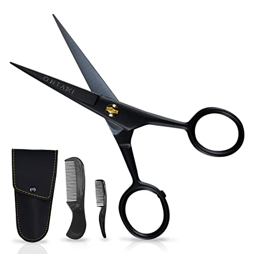 ONTAKI 5" Professional German Beard & Mustache Scissors With 2 Comb & Carrying Pouch for Men Hand Forged Bevel Edge For Precision - Perfect Men’s Facial Hair Grooming Kit All Body Facial Hair (Black)