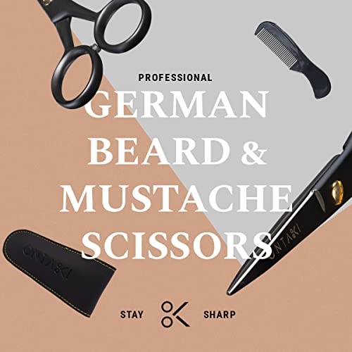 ONTAKI 5" Professional German Beard & Mustache Scissors With 2 Comb & Carrying Pouch for Men Hand Forged Bevel Edge For Precision - Perfect Men’s Facial Hair Grooming Kit All Body Facial Hair (Black)