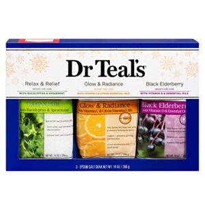 dr teal’s epsom salt variety pack gift set (relax & relief with eucalyptus & spearmint, glow & radiance with vitamin c & citrus, and black elderberry with vitamin d & essential oils 14 oz. bags).