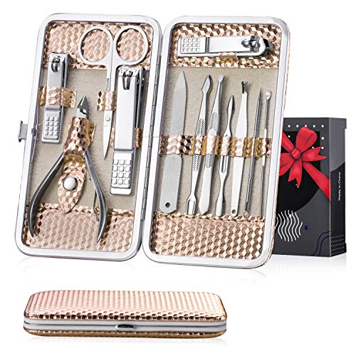 Nail Grooming Kit 12 Pieces - Nail Care Kit For Women Stainless Steel, Professional Hand, Foot & Nail Tools with Luxurious Travel Case. Compact 6x3" (Rose Gold)