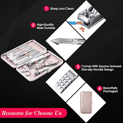 Nail Grooming Kit 12 Pieces - Nail Care Kit For Women Stainless Steel, Professional Hand, Foot & Nail Tools with Luxurious Travel Case. Compact 6x3" (Rose Gold)