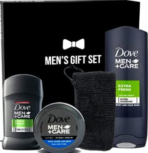 men+care essentials valentine’s day gift set for him, with dove men body wash active+fresh sport, dove ultra hydra cream, dove extra fresh deodorant stick in gift box