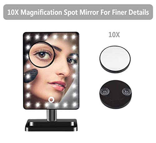 Waneway 12-Inch Screen Makeup Mirror with 24 LED Lights, Lighted Vanity Dressing Table Mirror with Touch Dimmable Memory Function and 10x Magnification Spot Mirror, Black (Battery Not Included)