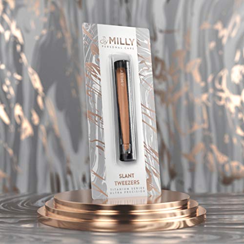 By MILLY German Steel Professional Slanted Tweezers - Hammer Forged 100% Stainless Steel - Hand-Filed and Aligned Slant Tips for Precision - Rose Gold