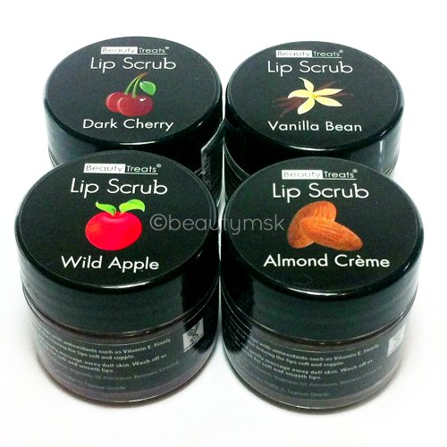 4pc Beauty Treats Lip Scrub with Almond Creme Wild Apple Vanilla Bean Dark Cherry All 4 Full Set