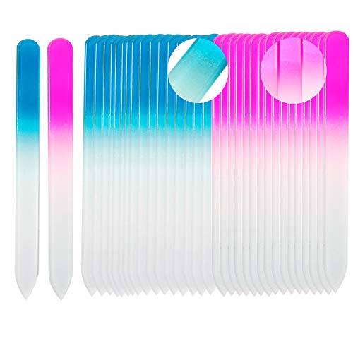 SIUSIO 40 Pack Professional Czech Crystal Glass Nail Files Double Sided Etched Surface Files Gradient Rainbow Color for Acrylic Nail Emery Boards & Buffer (Pink&Blue)