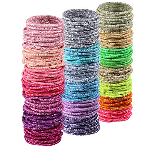 200 Pieces No-metal Hair Elastics Hair Ties Ponytail Holders Hair Bands (2 mm x 2.5 cm, Glitter Multicolor)