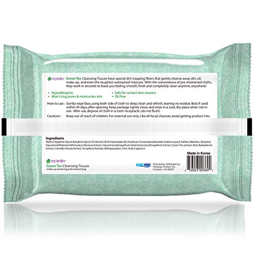 Epielle OG Makeup Remover Cleansing Wipes Tissue Green Tea Towelettes - 60ct (Sheets) per pack, Total 4 packs Beauty Stocking Stuffers Gift