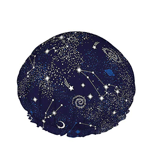 AOYEGO Constellation Shower Head Cap Stars Moon Planet Space Galaxy Universe Bath Hats for Women Men Girls Long Hair Large Waterproof Reusable Caps