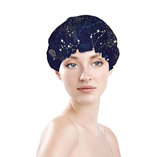 AOYEGO Constellation Shower Head Cap Stars Moon Planet Space Galaxy Universe Bath Hats for Women Men Girls Long Hair Large Waterproof Reusable Caps