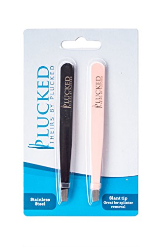 Stainless Steel Slant Tipped Tweezers by Plucked: Pack of 2 Hair Removal Tweezers for Men and Women –Slanted Tweezers for Eyebrow Plucking and Splinter Removal –Easy to Use Black and Pink Tweezers