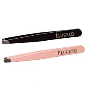 Stainless Steel Slant Tipped Tweezers by Plucked: Pack of 2 Hair Removal Tweezers for Men and Women –Slanted Tweezers for Eyebrow Plucking and Splinter Removal –Easy to Use Black and Pink Tweezers