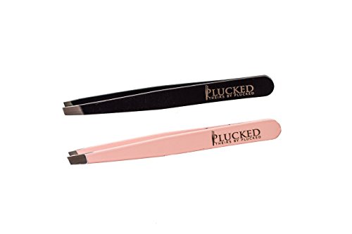 Stainless Steel Slant Tipped Tweezers by Plucked: Pack of 2 Hair Removal Tweezers for Men and Women –Slanted Tweezers for Eyebrow Plucking and Splinter Removal –Easy to Use Black and Pink Tweezers