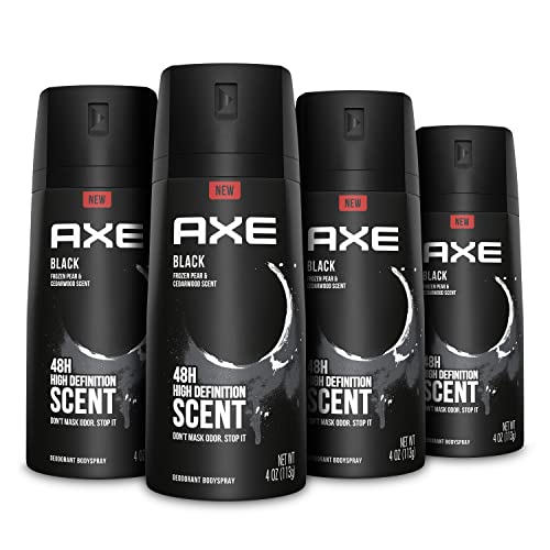 AXE Black Mens Body Spray Deodorant 48hr Odor Protection Frozen Pear & Cedarwood Aluminum Free Deodorant Body Spray, 4 Ounce (Pack of 4)