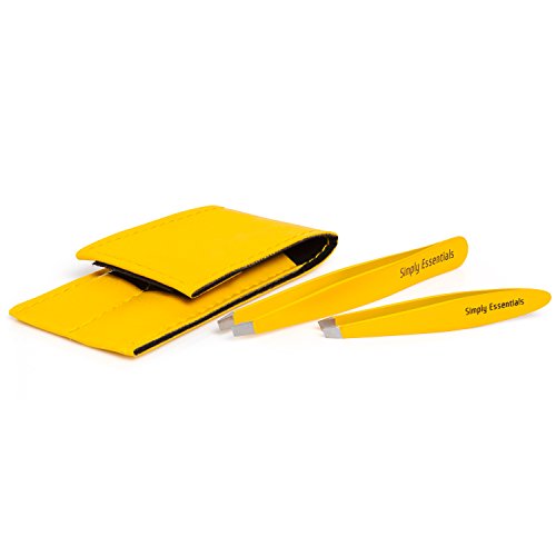 Tweezers Set - Professional Stainless Steel Yellow - Includes CASE and Ebook - Best Surgical Grade for Eyebrow pluckers, Ingrown Hair, Nose Hair and Splinters