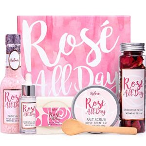 bff love 6pcs spa gifts for women, bath gift set, rose gift baskets for women, spa kit with essential rose oil, bath salt, soap, natural petals, mothers day gifts for her