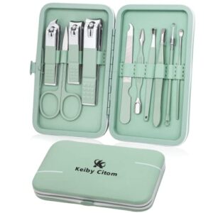 manicure set, travel nail clippers kit pedicure care tools, 10pcs stainless steel grooming kit (green)