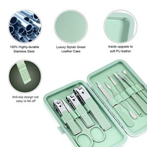 Manicure Set, Travel Nail Clippers Kit Pedicure Care Tools, 10pcs Stainless Steel Grooming kit (Green)