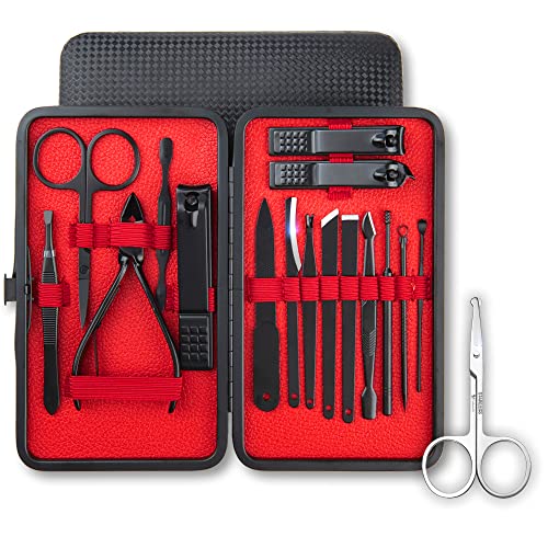 16 In 1 Stainless Steel nail grooming ProfessionalManicure Set Pedicure Kit Nail Scissors Grooming Kit with Black PU leather Travel Case Second Generation And Gifts