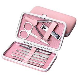 jiuke professional nail care manicure set of 9pcs,stainless steel pedicure tool,finger file nail clippers grooming kit,with pink travel size case for women