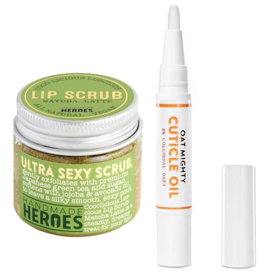 Save 20% - Handmade Heroes Lip Scrub and Cuticle Oil Pen Bundle - All Natural, Vegan Conditioning Lip Scrub and Repairing Cuticle Oil Pen