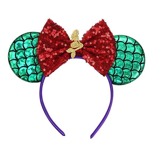 TEBWPIY Mouse Ears Headbands Mermaid Bow Sequin Headbands Green Mouse Ears with Red Bow Golden Mermaid Design Decoration for Women Girls Birthday Party Cosplay Costume Accessories