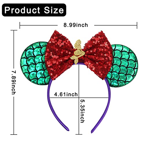 TEBWPIY Mouse Ears Headbands Mermaid Bow Sequin Headbands Green Mouse Ears with Red Bow Golden Mermaid Design Decoration for Women Girls Birthday Party Cosplay Costume Accessories