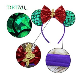 TEBWPIY Mouse Ears Headbands Mermaid Bow Sequin Headbands Green Mouse Ears with Red Bow Golden Mermaid Design Decoration for Women Girls Birthday Party Cosplay Costume Accessories