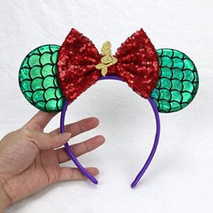 TEBWPIY Mouse Ears Headbands Mermaid Bow Sequin Headbands Green Mouse Ears with Red Bow Golden Mermaid Design Decoration for Women Girls Birthday Party Cosplay Costume Accessories