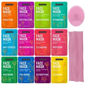 FREEMAN Facial Love To Mask Variety Pack: Oil Absorbing Clay, Detoxifying Charcoal, Clearing Peel Off, Hydrating Gel Cream, Exfoliating Scrub, 14 Piece Kit with Bonus Buffer and Headband