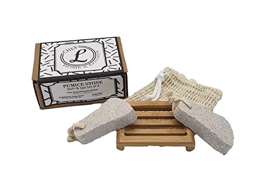 Pumice Stone Bath and Spa Set – Skin Care Set with Foot Scrubber, Multipurpose Sisal Soap Pouch and Bamboo Soap Tray – Exfoliating and Callus Remover – Natural Foot Stone