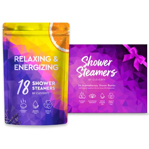 Cleverfy Shower Steamers Pack of 18 and Pack of 6: Citrus & Lavender and Variety Pack Bundle. Shower Bombs with Essential Oils.