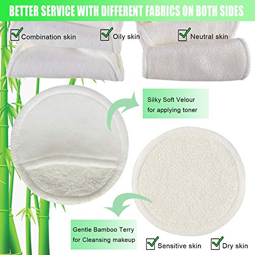 10pcs Organic Bamboo Makeup Remover Pads with Finger Pocket - 3 Layer Reusable Natural Cotton Rounds with Laundry Bag for Eye Makeup Remove Face Wipe (5 Color: White Yellow Blue Green Pink)