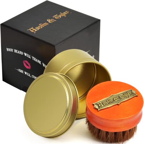 Beard Oil Brush for Men - 100% Natural Horse Hair - Gift Box - Gold Aluminum Travel Canister - Rustic Solid Maple Ergonomic Handle - Antique Bronze Metal Logo - Combs in Beard Oil, Balm, Mustache Wax