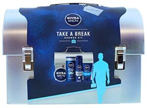 nivea men valentine’s day gift set, take a break shower kit, includes 4 nivea grooming essentials in a decorative tin case, nivea body wash, shaving foam, face wash, creme, self-care giftpack for men