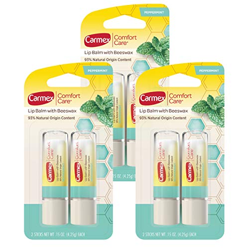 Carmex Comfort Care Lip Balm Stick with Beeswax, Peppermint Lip Balm - 0.15 OZ Each, 2 Count (Pack of 3)