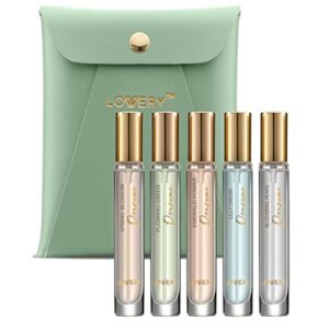 lovery birthday gifts for her and him, perfume set pack of 5 – perfume sampler sets for women & men with leather pouch – 10ml mini perfume for travel gifts, solo scent & layering fragrances