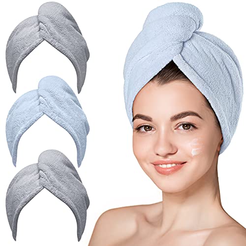 Hicober Microfiber Hair Towel, 3 Packs Hair Turbans for Wet Hair, Drying Hair Wrap Towels for Curly Hair Women Anti Frizz(Grey,Blue,Grey)