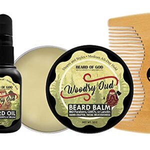 Woodsy Oud - 1 oz. Beard Oil, 2 oz. Balm Conditioner, Wood Comb & Travel Case - Natural, Organic & Handcrafted in USA