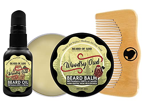 Woodsy Oud - 1 oz. Beard Oil, 2 oz. Balm Conditioner, Wood Comb & Travel Case - Natural, Organic & Handcrafted in USA