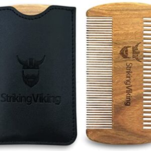 Sandalwood Beard Comb and Case - Pocket Sized Wooden Beard & Mustache Comb with Fine & Coarse Teeth - Perfect for Use with Balms and Oils - Striking Viking (Black)