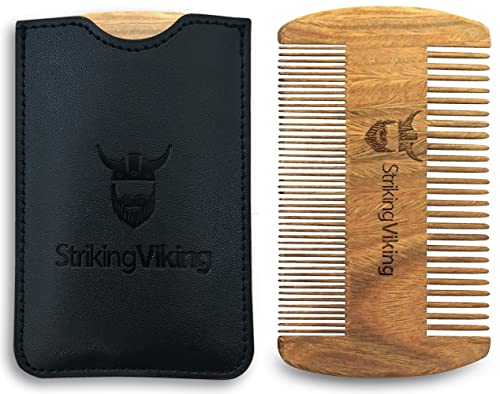 Sandalwood Beard Comb and Case - Pocket Sized Wooden Beard & Mustache Comb with Fine & Coarse Teeth - Perfect for Use with Balms and Oils - Striking Viking (Black)