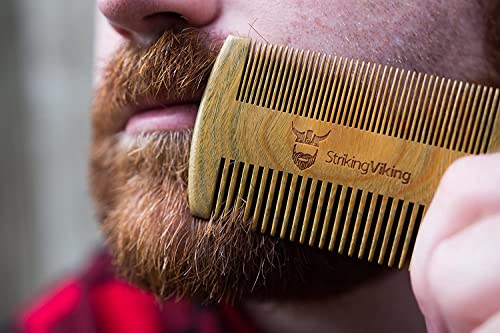 Sandalwood Beard Comb and Case - Pocket Sized Wooden Beard & Mustache Comb with Fine & Coarse Teeth - Perfect for Use with Balms and Oils - Striking Viking (Black)