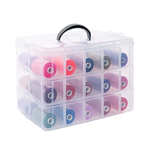 HUHYNN Thread Box with 30 Compartments, 3-Tier Stackable Storage Box for Sewing Threads, Plastic Storage Box for Sewing Kits, Craft Supplies (Transparent)