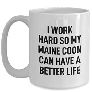 Maine Coon Coffee Mug Tea Cup Funny Mug for Cat Owner I Work Hard for My Cat Mug for Men and Women