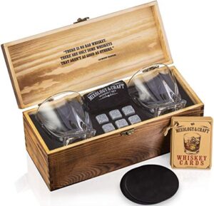 mixology & craft whiskey stones gift set – pack of 6 granite chilling rocks w/ 2 10 oz old fashioned glasses in wooden box – whiskey gifts for men on birthday, father’s day or christmas