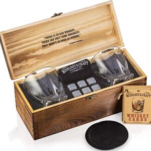 Mixology & Craft Whiskey Stones Gift Set - Pack of 6 Granite Chilling Rocks w/ 2 10 oz Old Fashioned Glasses in Wooden Box - Whiskey Gifts for Men on Birthday, Father's Day or Christmas