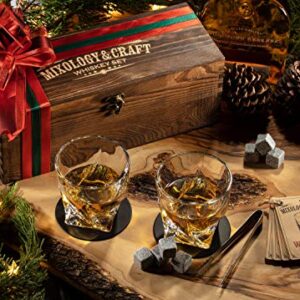 Mixology & Craft Whiskey Stones Gift Set - Pack of 6 Granite Chilling Rocks w/ 2 10 oz Old Fashioned Glasses in Wooden Box - Whiskey Gifts for Men on Birthday, Father's Day or Christmas